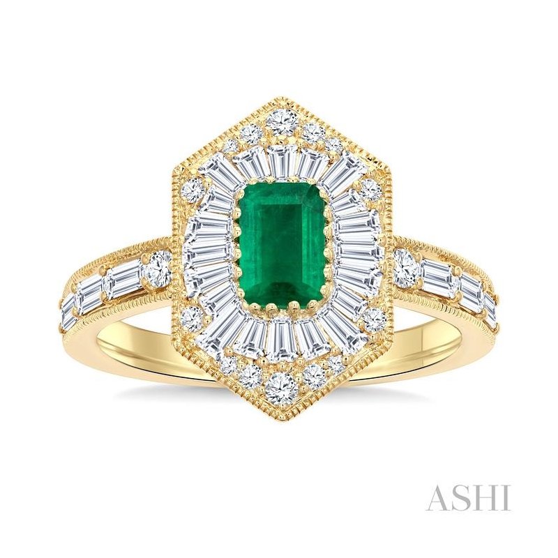 ASHI Emerald Shape Art Deco Gemstone & Halo Diamond Fashion Ring ...