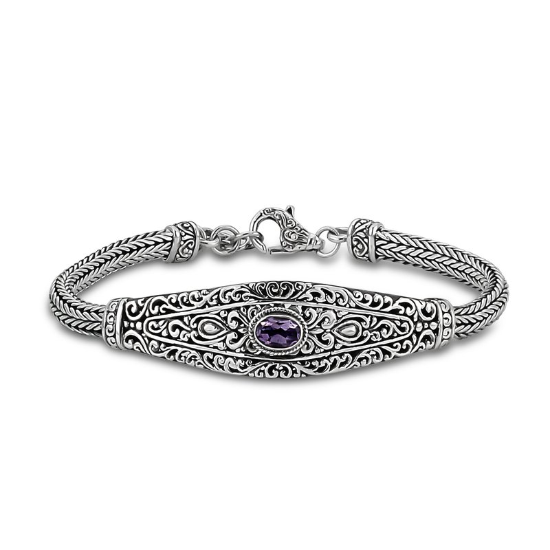 Samuel B STERLING SILVER WOVEN CHAIN BRACELET WITH OVAL AMETHYST CENTER ...
