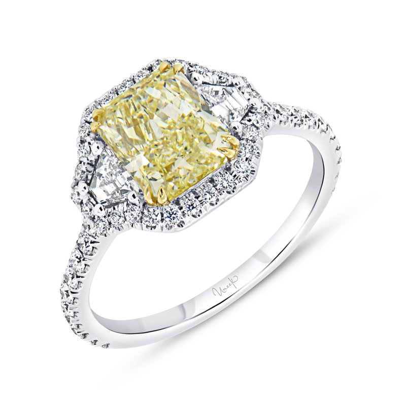Uneek Natureal Collection Three-Stone Radiant Fancy Light Yellow Diamond Engagement Ring ...