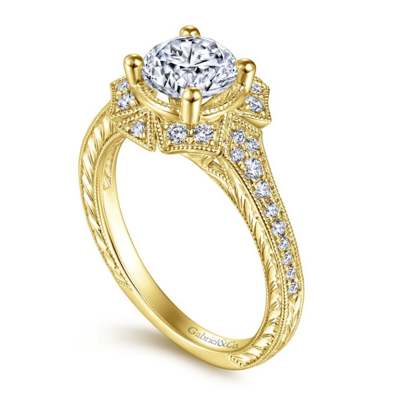Art Deco 14K Yellow Gold Fancy Halo Round Diamond Engagement Ring