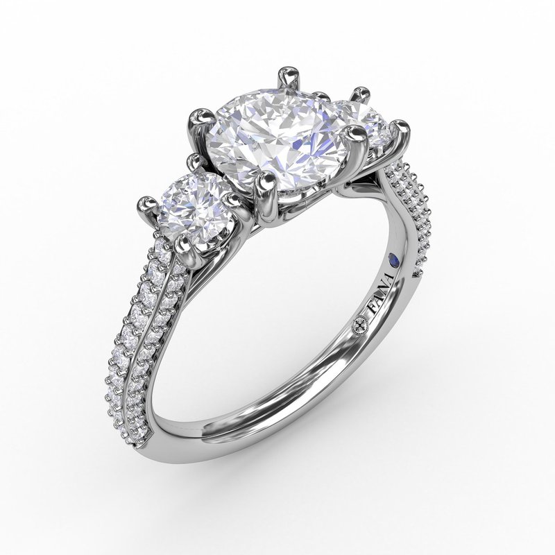 Fana Classic Three-Stone Round Diamond Engagement Ring With Pavé Band ...