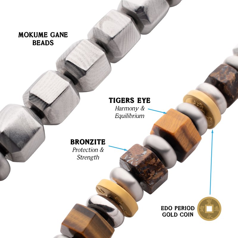 INOX Jewelry 8mm Steel, Bronzite and Tiger's Eye Beads Bushido Bracelet ...