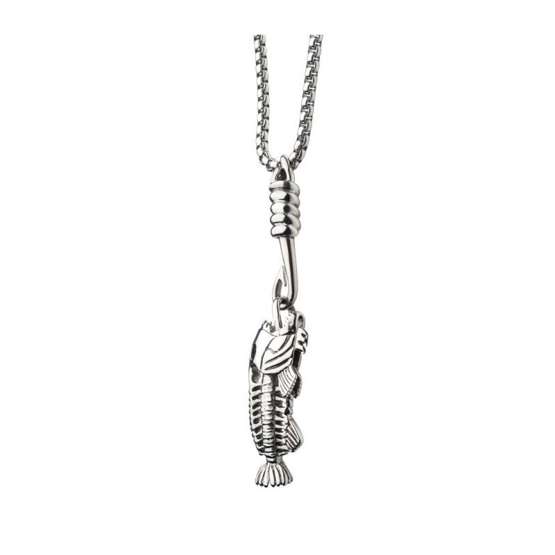 INOX Jewelry Polished Steel Fishbone Pendant with Hook & Box Chain ...
