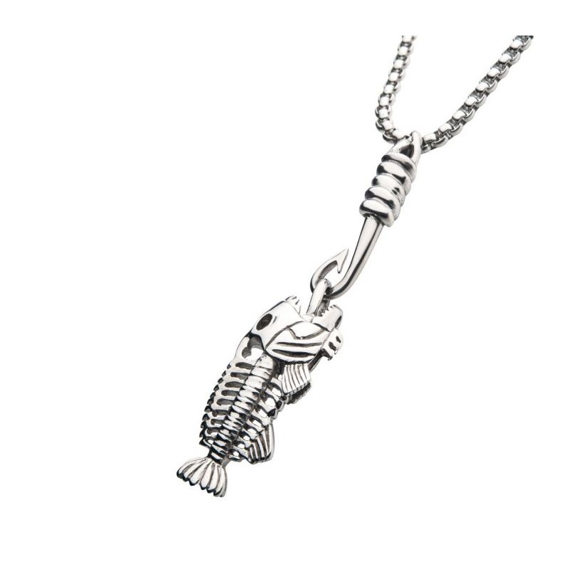 INOX Jewelry Polished Steel Fishbone Pendant with Hook & Box Chain ...