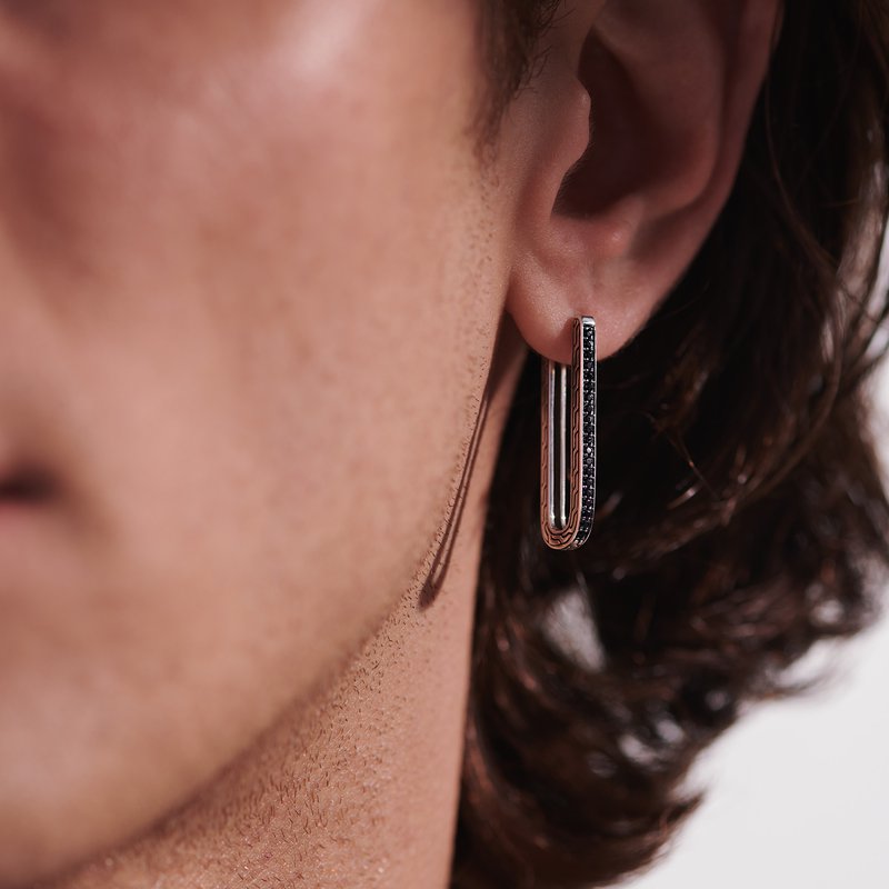 Carved Chain Hoop Earring, Silver, Pavé EBS9008234BLS - Mednikow