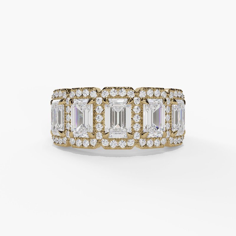 5 Stone Emerald Cut Diamonds With Round Diamond Halo Band 5 Stone Emerald Cut Diamonds With Round Diamond Halo Band