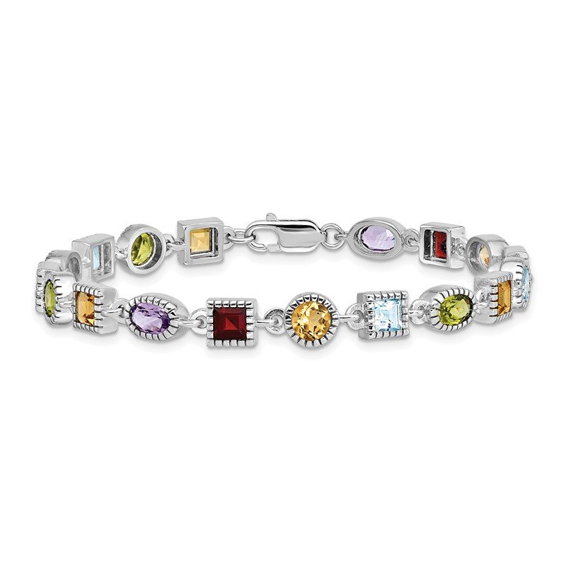 Sterling Silver 7inch Rhod Plated Rainbow Multi gemstone Bracelet
