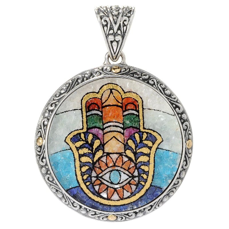 Samuel B STERLING SILVER/18K ROUNDMICRO MOSAIC HAMSA DESIGN PENDANT ...