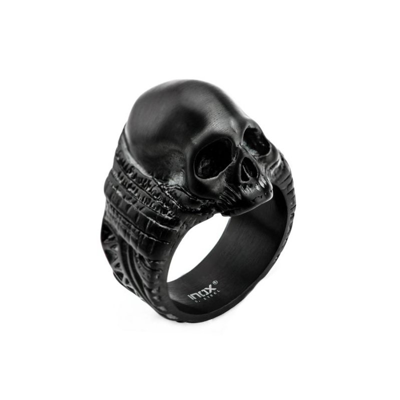 INOX Jewelry Stainless Steel Matte Finished Black IP Skull Ring ...