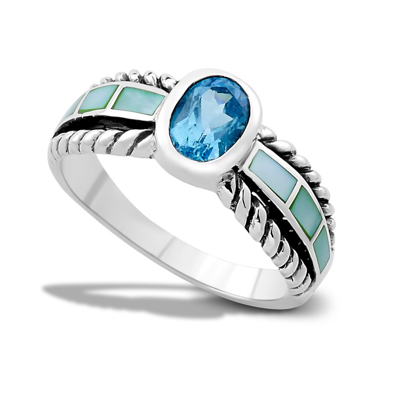 Samuel B STERLING SILVER OVAL SHAPE BLUE TOPAZ RING W/ GREEN SHELL ...