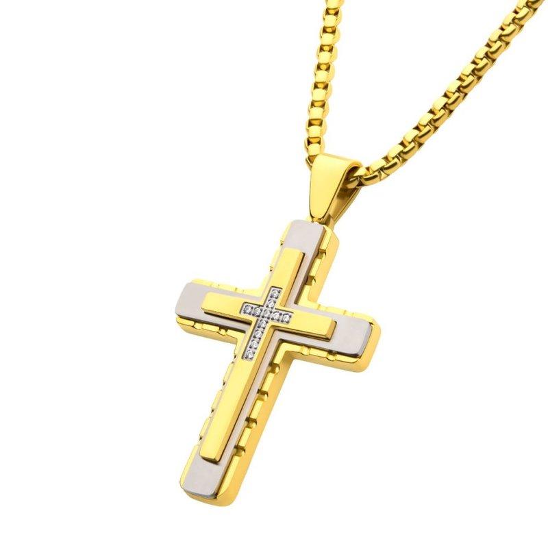 INOX Jewelry 18Kt Gold IP Steel CNC Set Lab-Grown Diamond Layered Cross ...