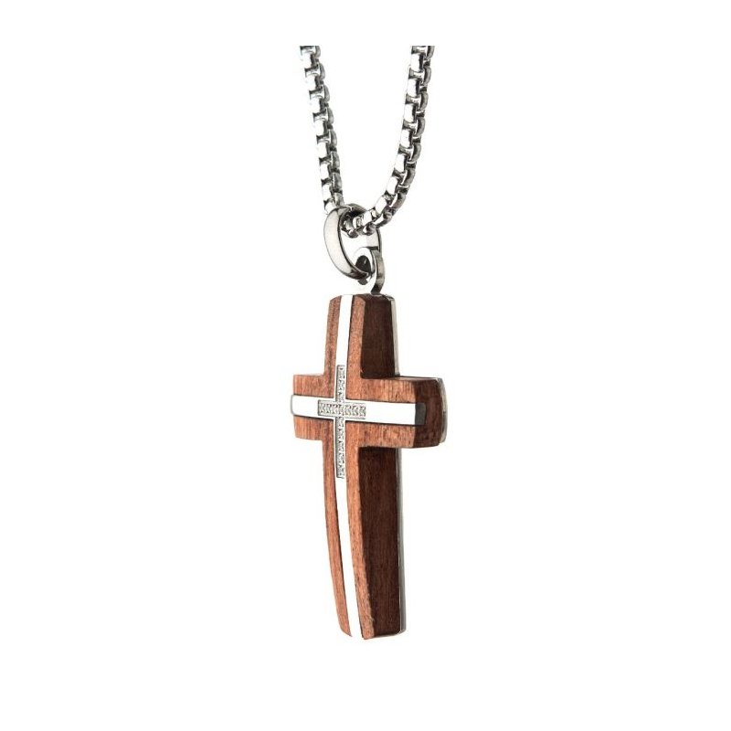INOX Jewelry Bubinga Wood & Steel Cross Pendant with 15pcs 1mm Genuine ...