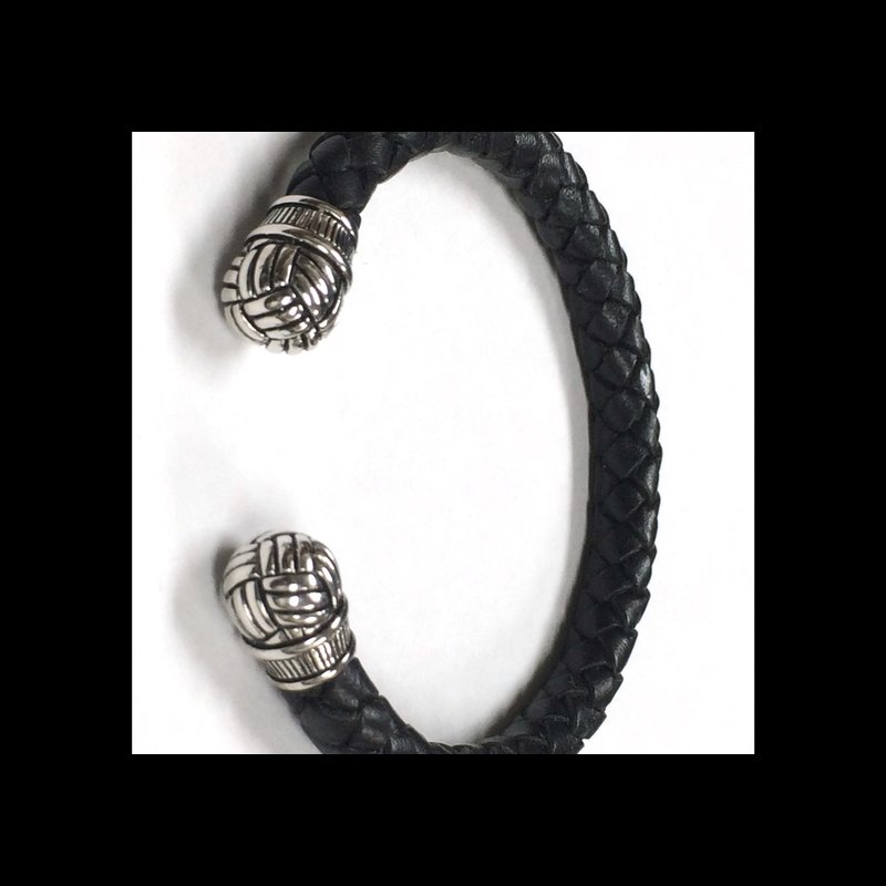 Samuel B STERLING SILVER WOVEN DESIGN END CAPS ON WOVEN BLACK LEATHER ...