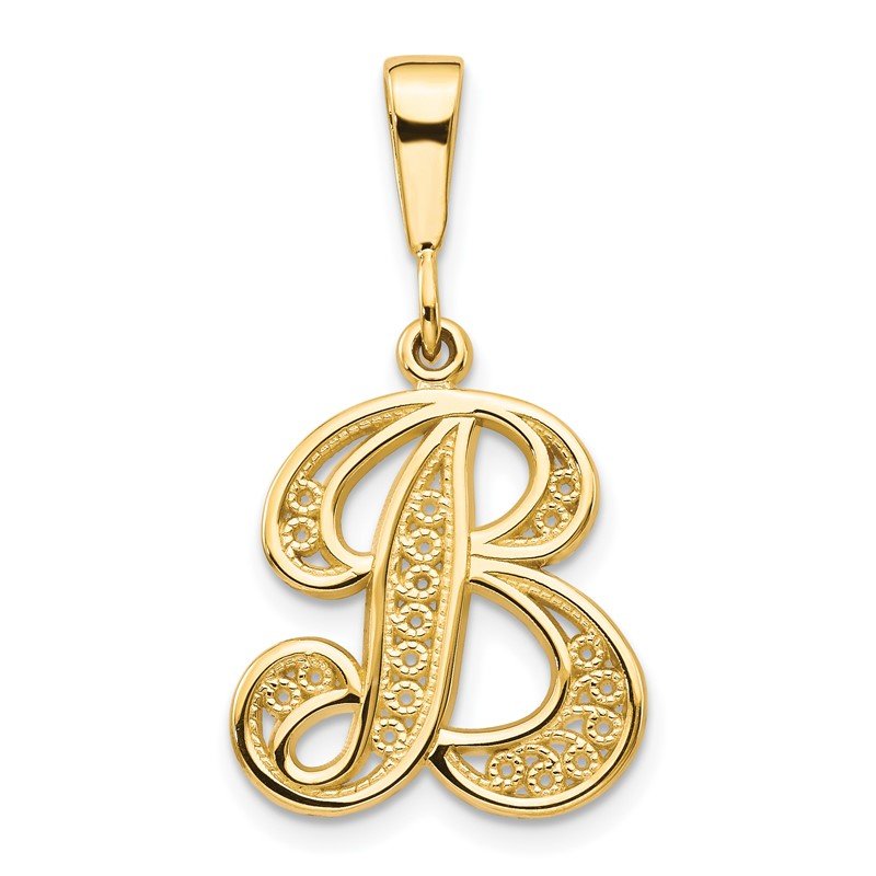 14KY Polished Script Filigree Letter B Initial Pendant C569B JM Donoven Designs in Fine Jewelry