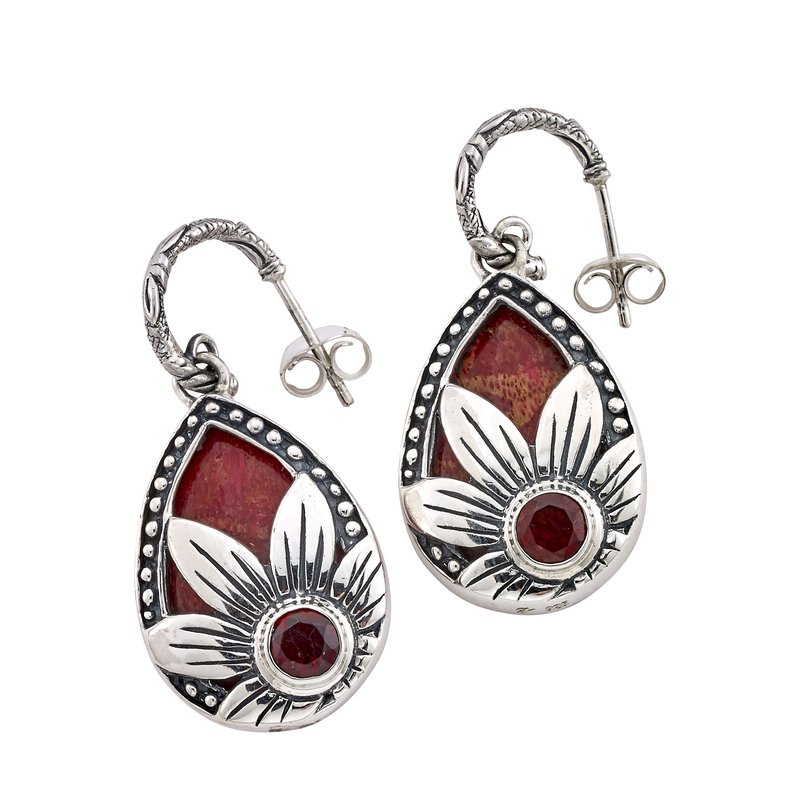Samuel B STERLING SILVER CORAL EARRINGS WITH FLOWER ACCENT AND GARNET ...