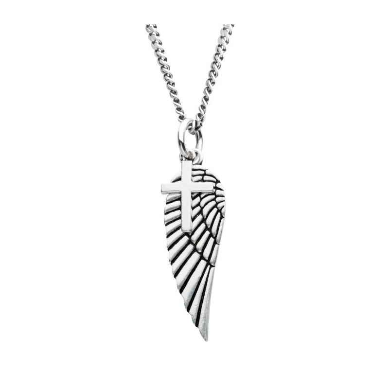 INOX Jewelry 925 Silver Oxidized Wing & Cross Duo Pendant with Curb ...