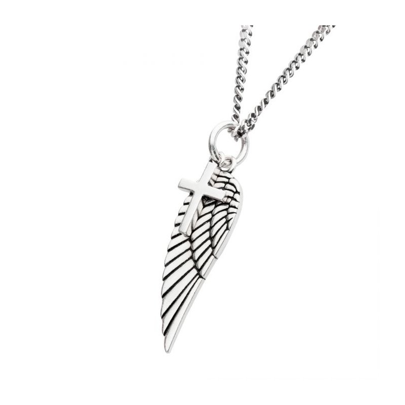 INOX Jewelry 925 Silver Oxidized Wing & Cross Duo Pendant with Curb ...