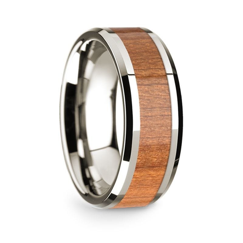 Thorsten Rings 14k White Gold Polished Beveled Edges Wedding Ring with Sapele Inlay 8 mm WG1655 BESW Diamond Factory of Ann Arbor