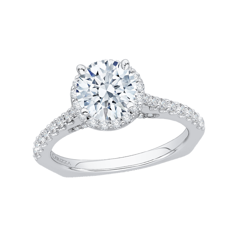 Carizza 14K White Gold Round Cut Diamond Halo Engagement Ring with Euro ...