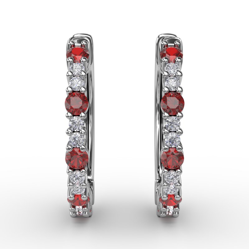 Fana Shared Prong Ruby and Diamond Hoops ER1742R - Schnacks Fine Jewelry