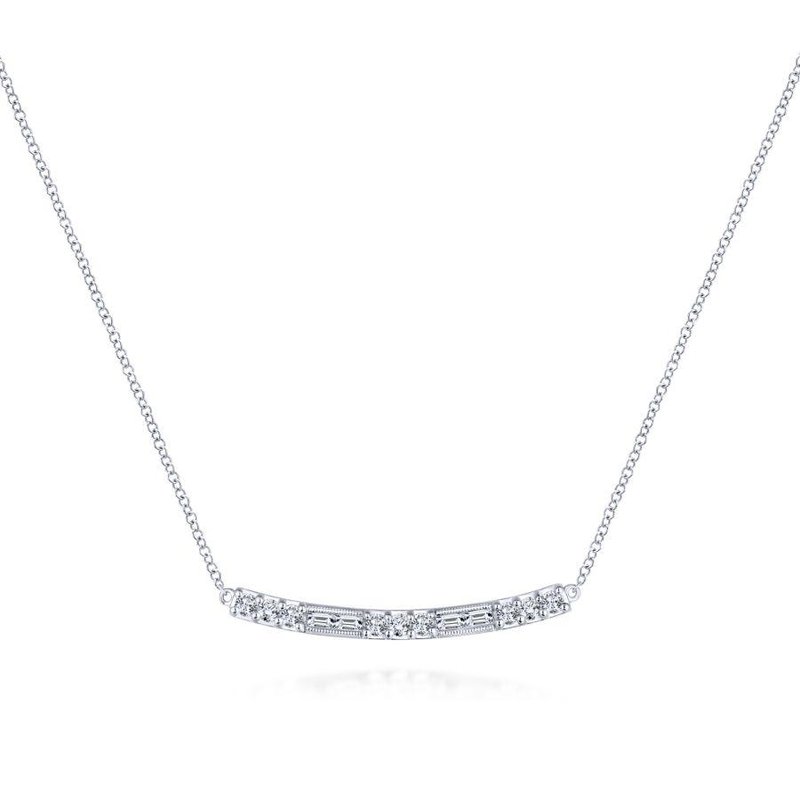 Gabriel Fashion Bestsellers 14K White Gold Round and Baguette Diamond Curved Bar Necklace NK5791W45JJ The Jewelry Emporium
