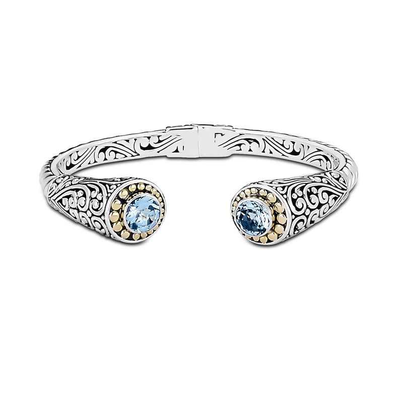 Samuel B STERLING SILVER/18K HINGED BANGLE W/ ROUND BLUE TOPAZ END CAPS ...
