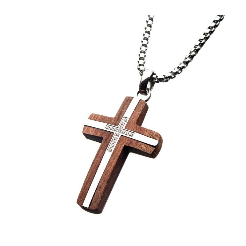 INOX Jewelry Bubinga Wood & Steel Cross Pendant with 15pcs 1mm Genuine ...