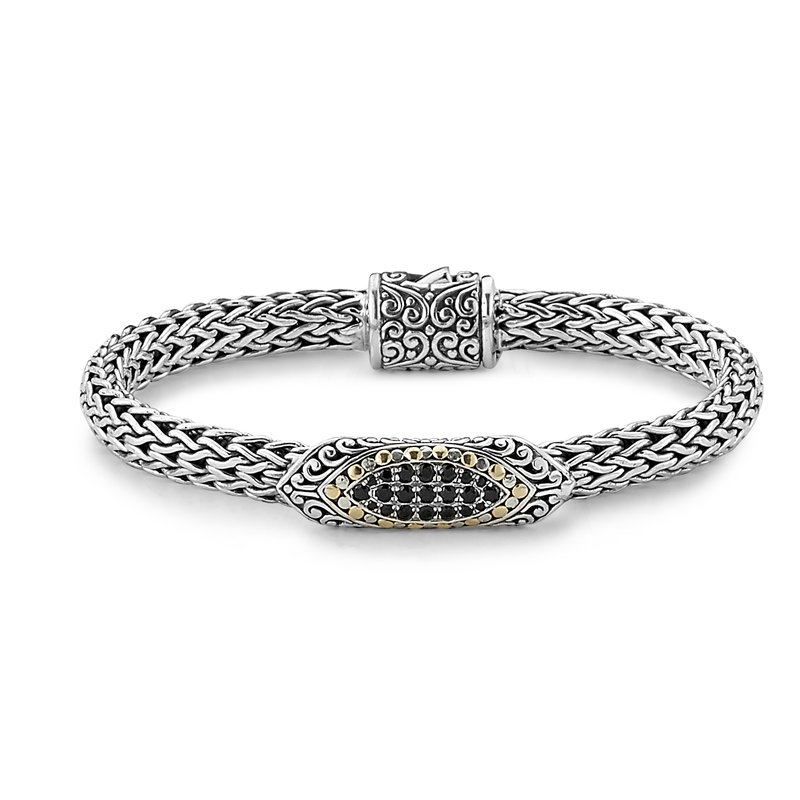 Samuel B STERLING SILVER/18K 7MM WOVEN CHAIN BAR BRACELET W/ PAVE BLACK ...