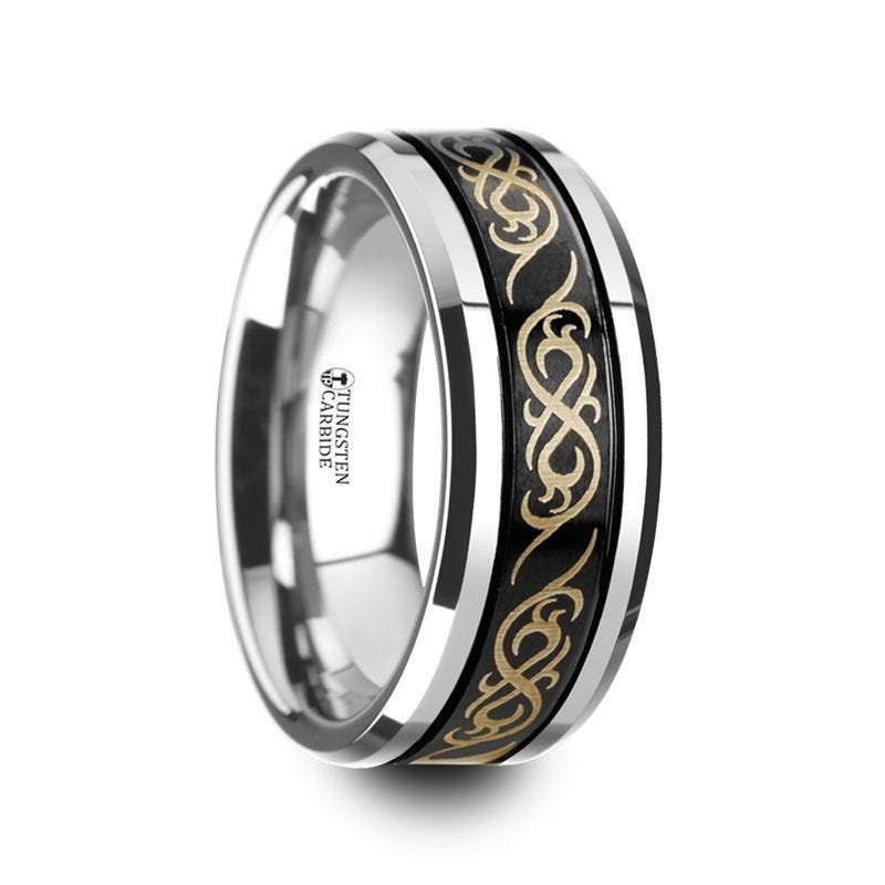 RAIZEN Tungsten Carbide Wedding Ring with Dual Offset Grooves and Laser Engraved Celtic Pattern Polished and Beveled Edges 8mm