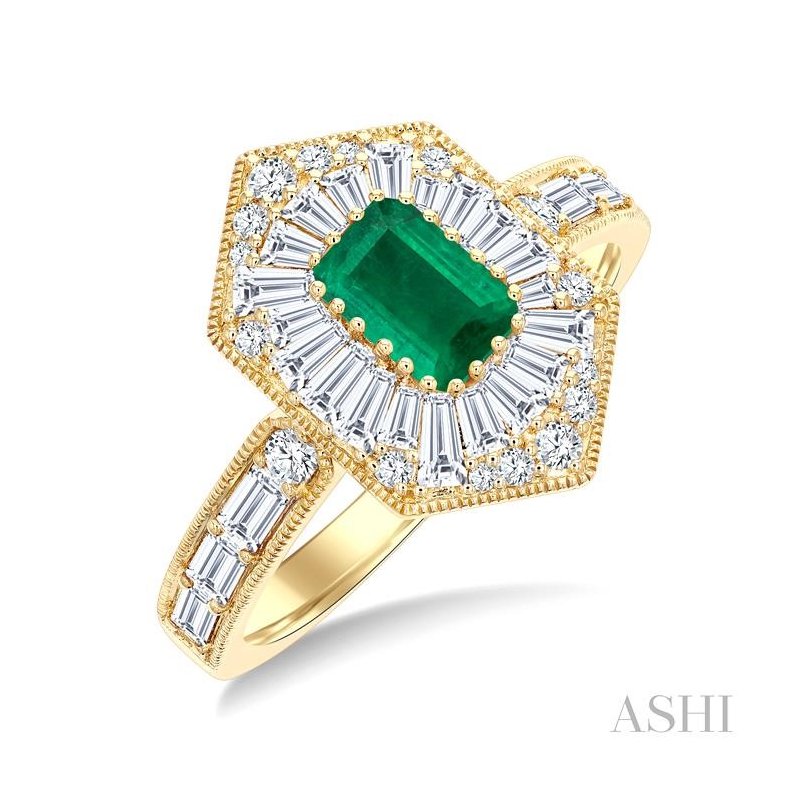 ASHI Emerald Shape Art Deco Gemstone & Halo Diamond Fashion Ring ...