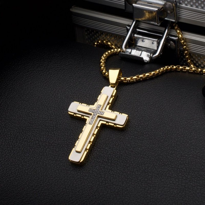 INOX Jewelry 18Kt Gold IP Steel CNC Set Lab-Grown Diamond Layered Cross ...