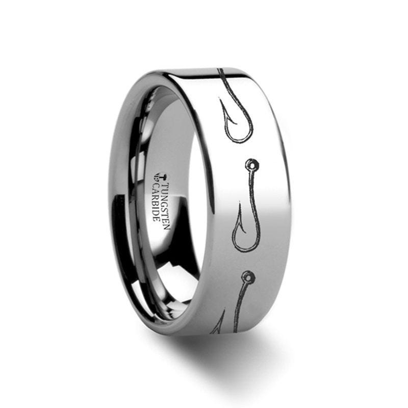 Thorsten Rings Simple Artistic Fishing Hook Pattern Ring Engraved Flat Tungsten Ring 4mm 12mm F0996 Bohland Jewelers