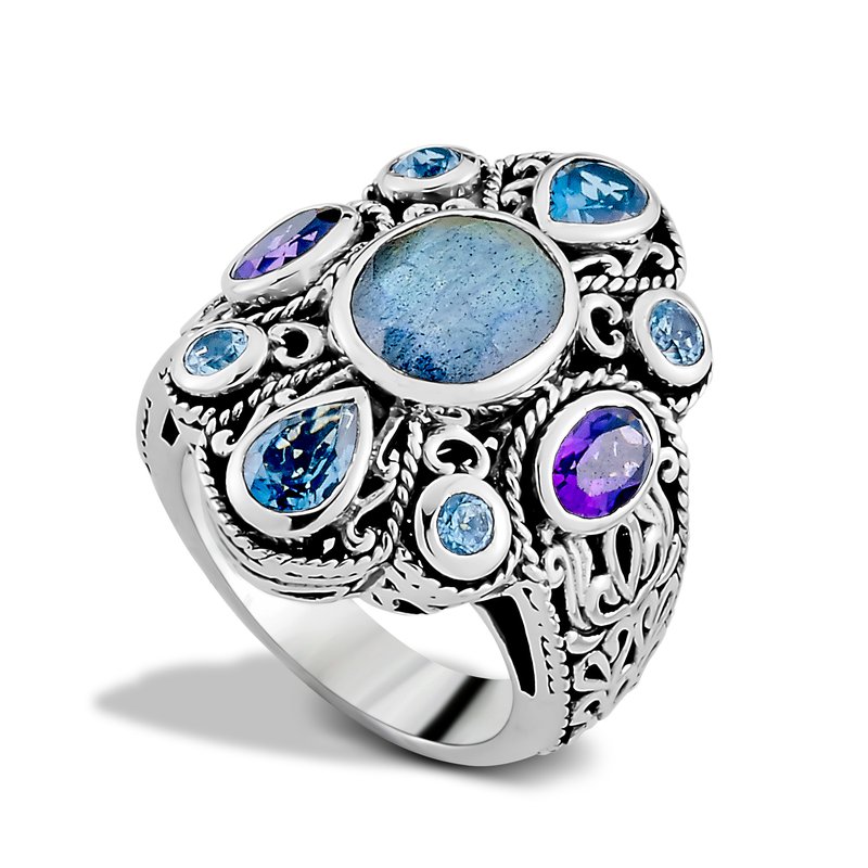 Samuel B STERLING SILVER BALINESE DESIGN MULTI GEMSTONE RING 55127R.SLM ...