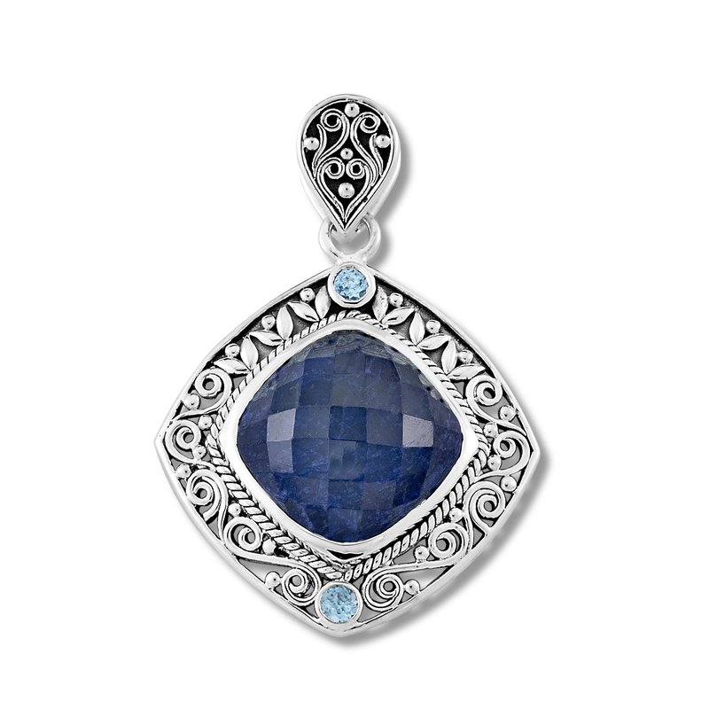 Samuel B STERLING SILVER DYED BLUE CORRUNDUM PENDANT WITH BLUE TOPAZ ...