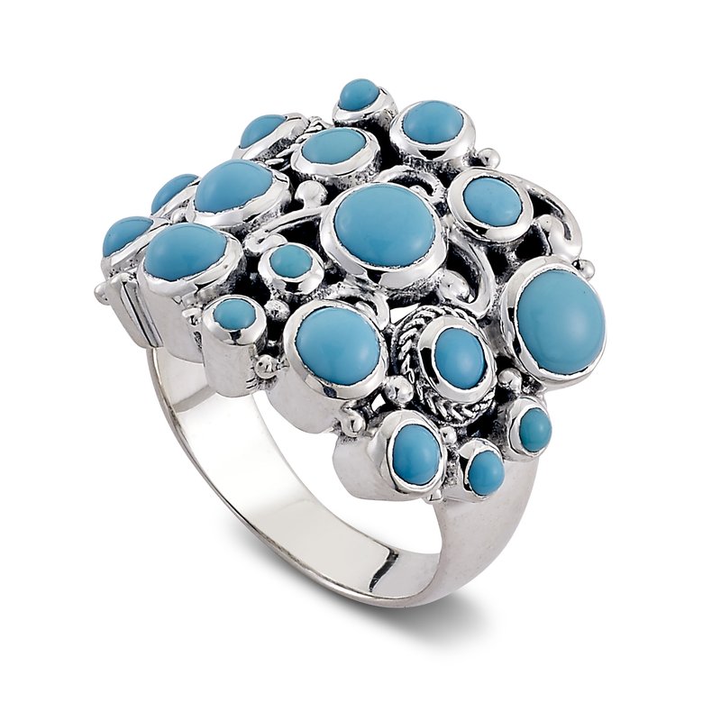 Samuel B STERLING SILVER ROUND SLEEPING BEAUTY TURQUOISE CLUSTER RING 61616R.SLSBTQ L M Fine Jewelry