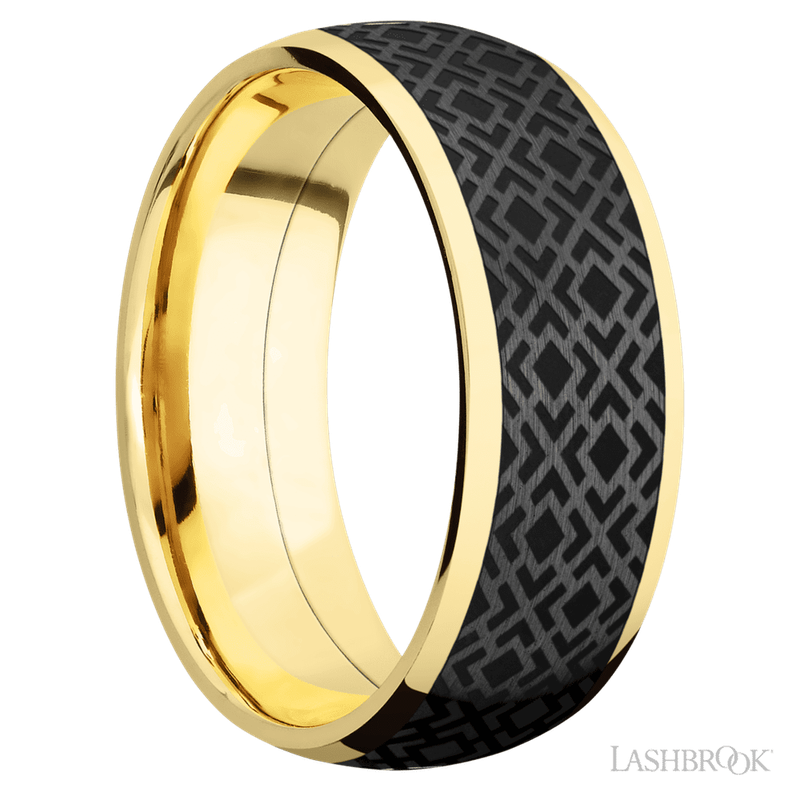 Lashbrook Designs 8 mm wide Domed 14K Yellow Gold band with one 6 mm Centered inlay of Zirconium with a laser carved Trellis 2 pattern. 14KYPF8D16 ZIRCONIUM LCVTRELLIS2 A Michael Eller Diamonds