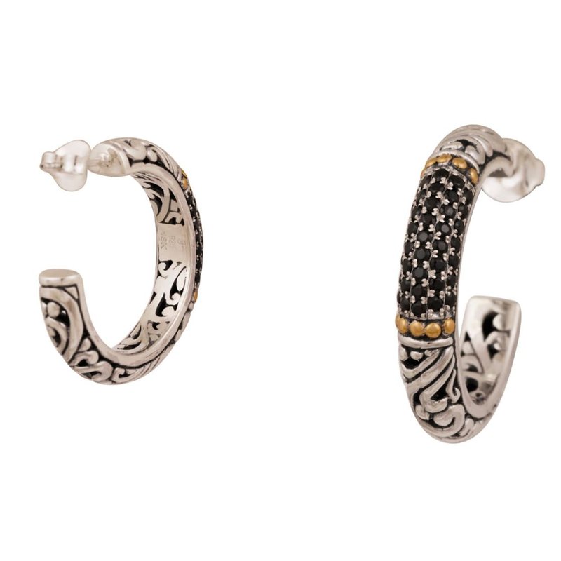 Samuel B STERLING SILVER/18K PAVE BLACK SPINEL HOOP EARRINGS 61453E ...