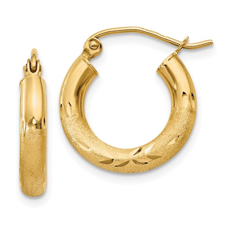 14k Satin and Diamond cut 3mm Round Hoop Earrings